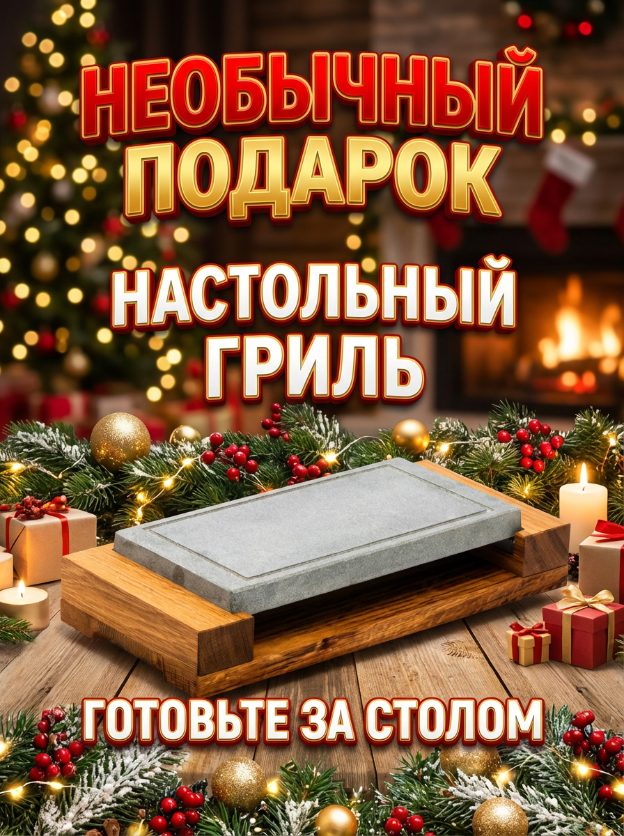 Для Дома, Ресторана, Паба! Настольный - Каменный гриль "PICCOLO" Для жарки мяса, рыбы и овощей за столом. Вулканический камень 370х190 мм