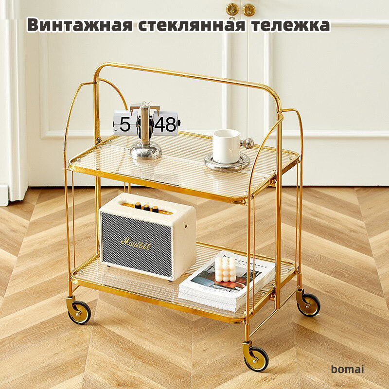 Винтажная стеклянная тележка, передвижная стойка на колёсах, для кухни и гостиной