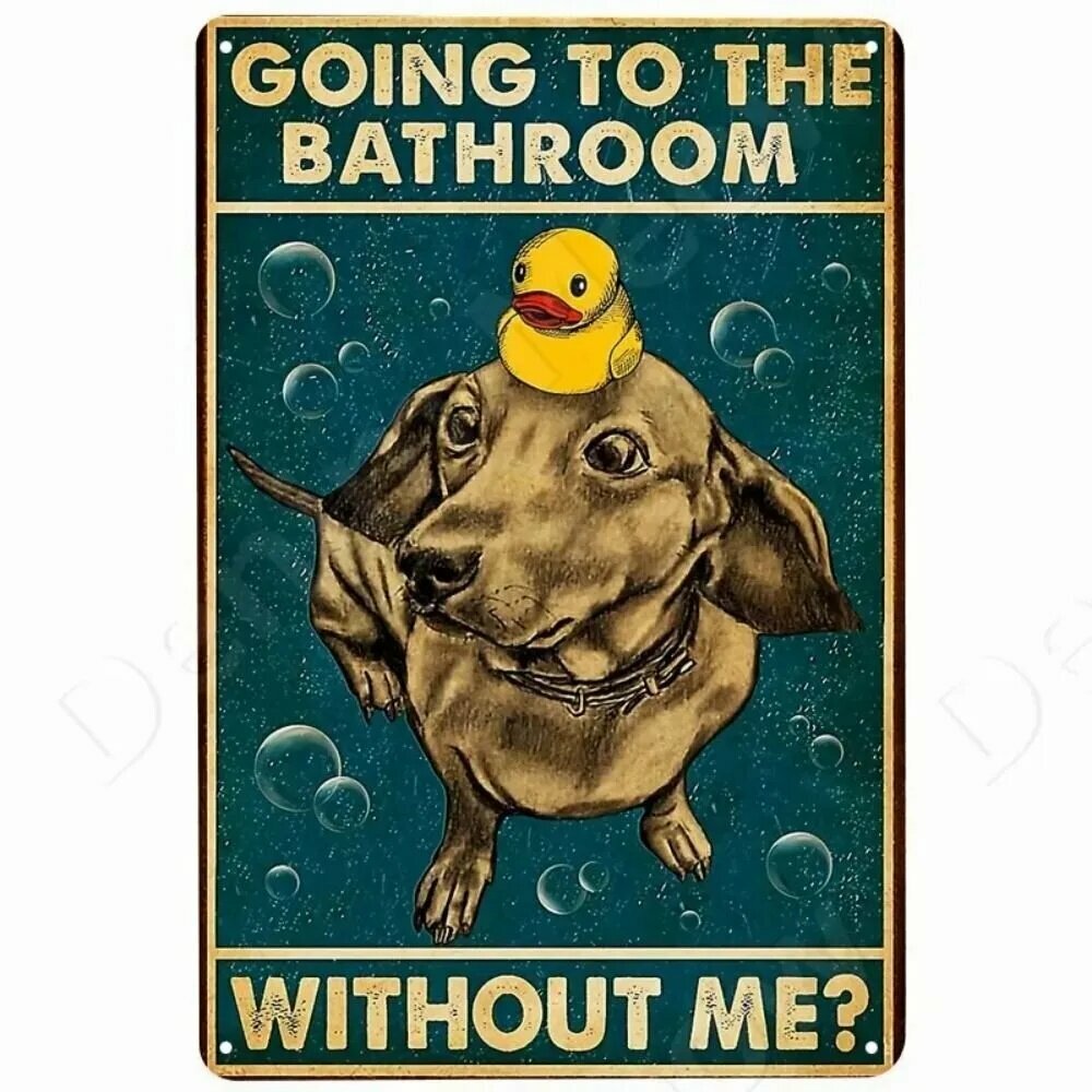 Табличка такса с резиновой утенком, ретро стиль для декора ванной, металл, 20х30 см.