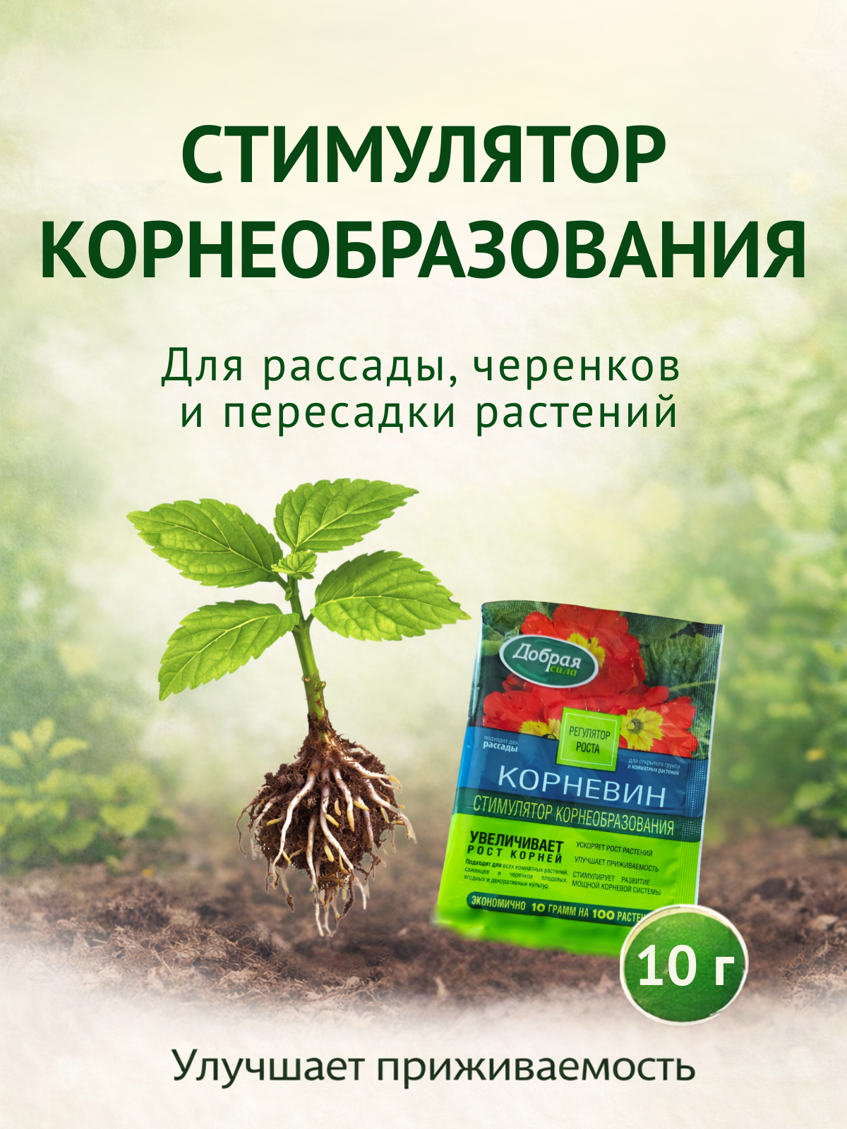 Стимулятор роста корней Добрая Сила Корневин, для всех видов растений, 10 гр
