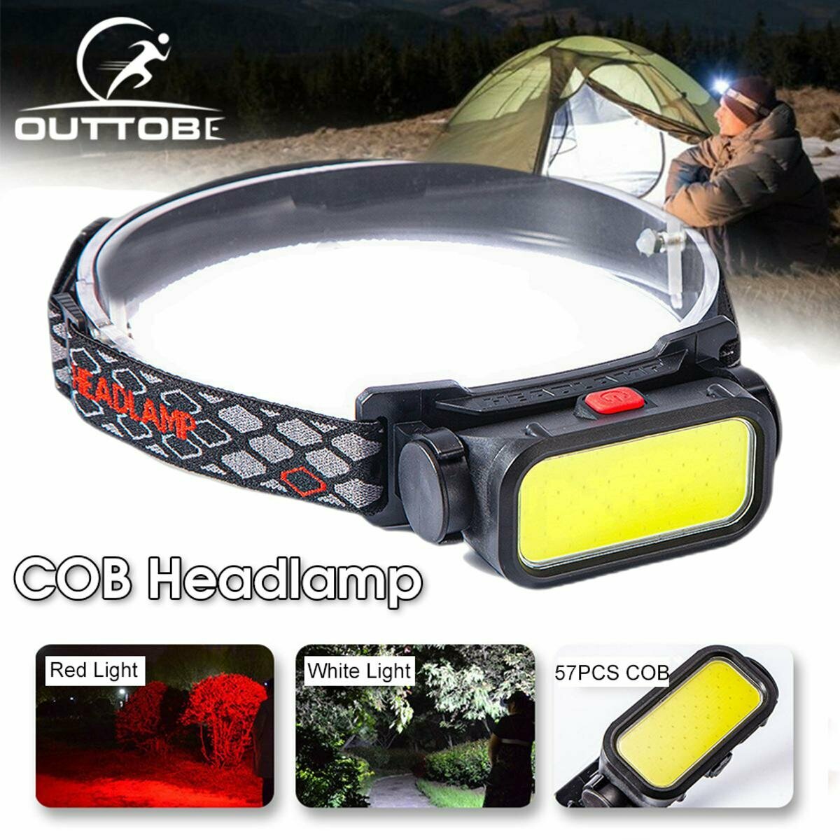 Outtobe LED COB Headlight Мощный светодиодный Headlight USB перезаряжаемый Headlight Водонепроницаемый Light Headlamp Fl
