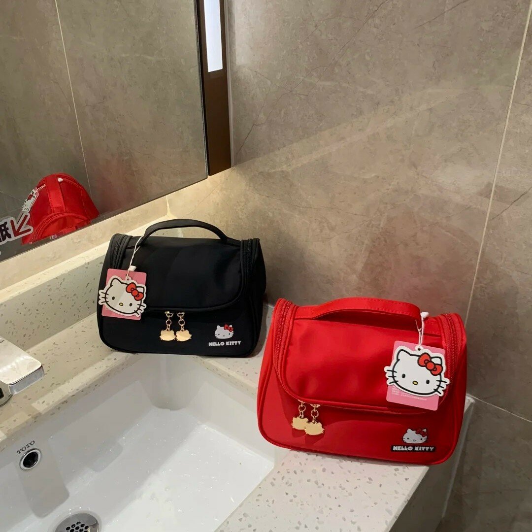 Косметичка с мультяшным котом, милая красная сумка для стирки, портативная дорожная сумка для студентов, вместительная сумка