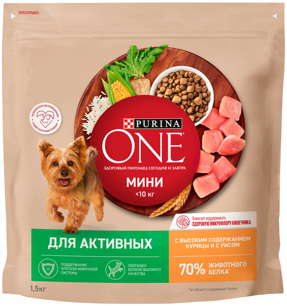 Корм сухой Purina One мини для взрослых собак мелких и карликовых пород при активном образе жизни, куриц рис, 1,5 кг