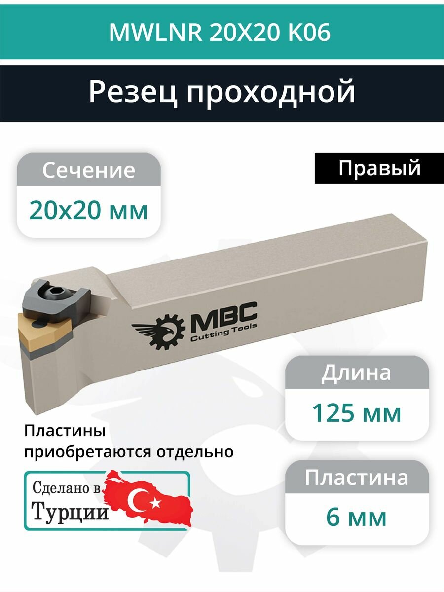 MWLNR 20X20 K06 резец токарный проходной правый 20x20 мм / пластина 6 мм, WNMG 0604**