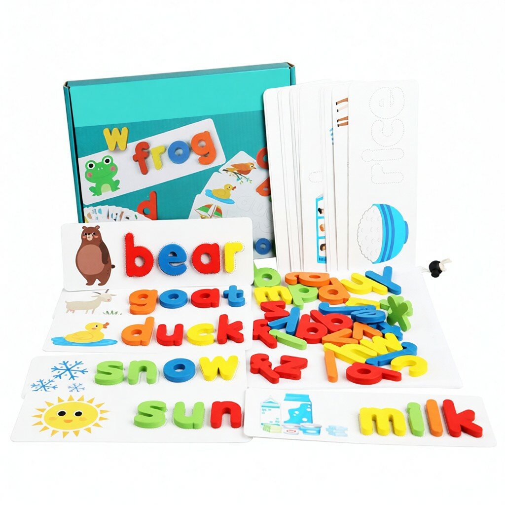 Игрушка для раннего образования STEM Монтессори для детей 4-6 лет мальчиков и девочек: деревянная игра со словами, карточки для распознавания букв, пазл, 28 двусторонних карточек, 52 деревянных буквенных блока, материал дерево и картон, размер упаковки