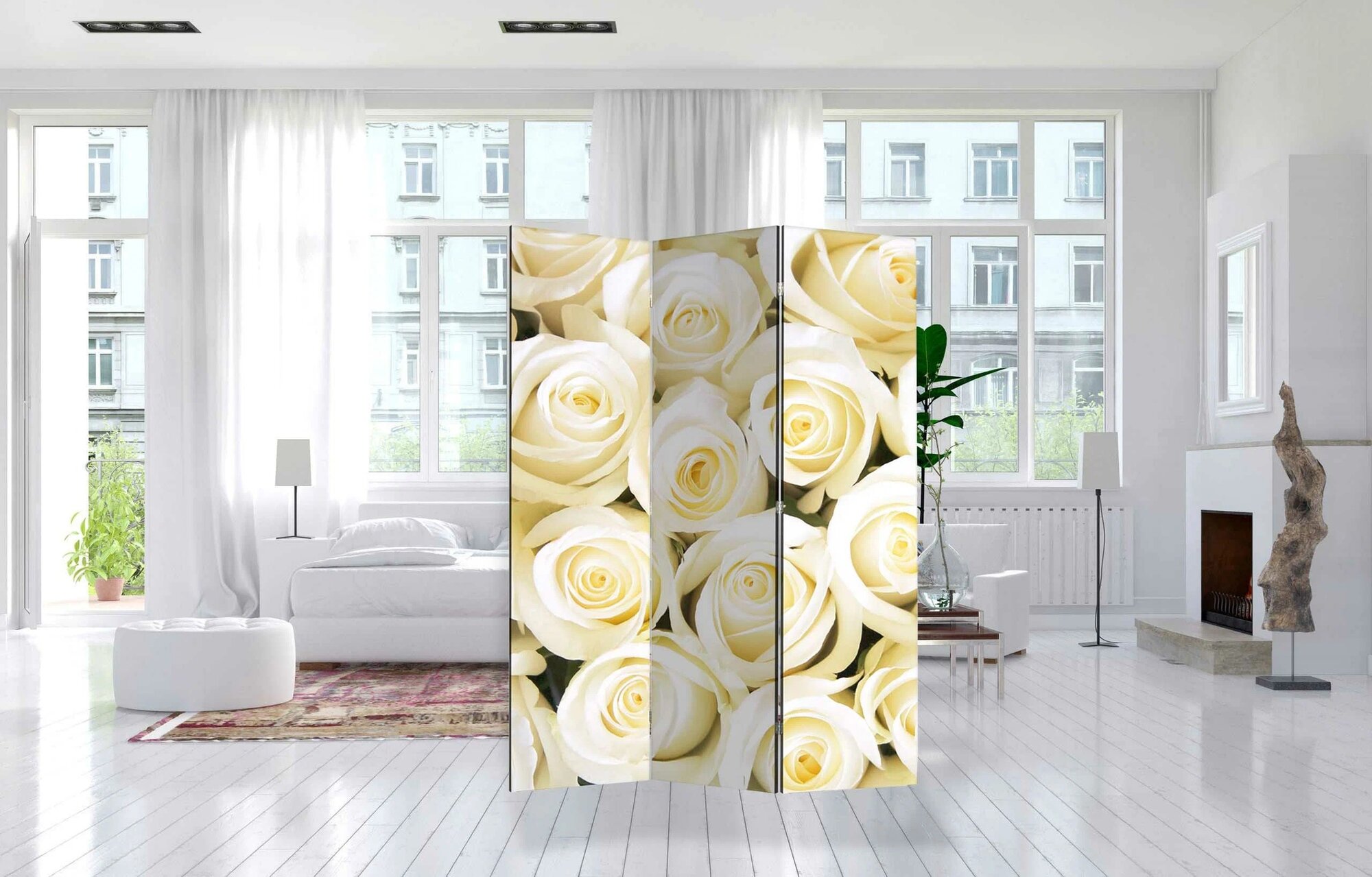 ПВХ ширма перегородка для зонирования Белые Розы - 3, размер 177х141/47 см