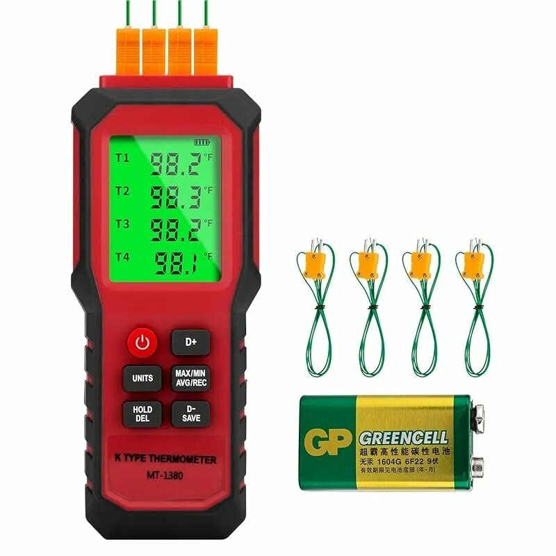 4-канальный термометр типа K с LCD подсветкой, диапазон измерения - 328 -2501 Датчик YMZMeter с 4 термопарами -104 -752 9В батарейка включена.