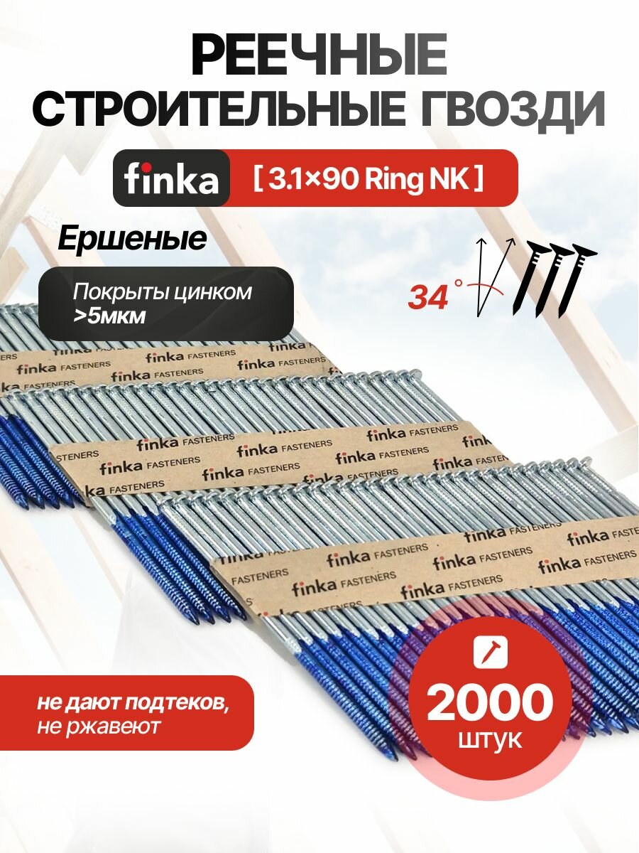 Строительные реечные гвозди Finka D34 3.1x90 Ring NK (Цинк, 2000шт), гвозди для пневмопистолета, для нейлеров и пневмоинструмента, ершеные, кольцевая накатка