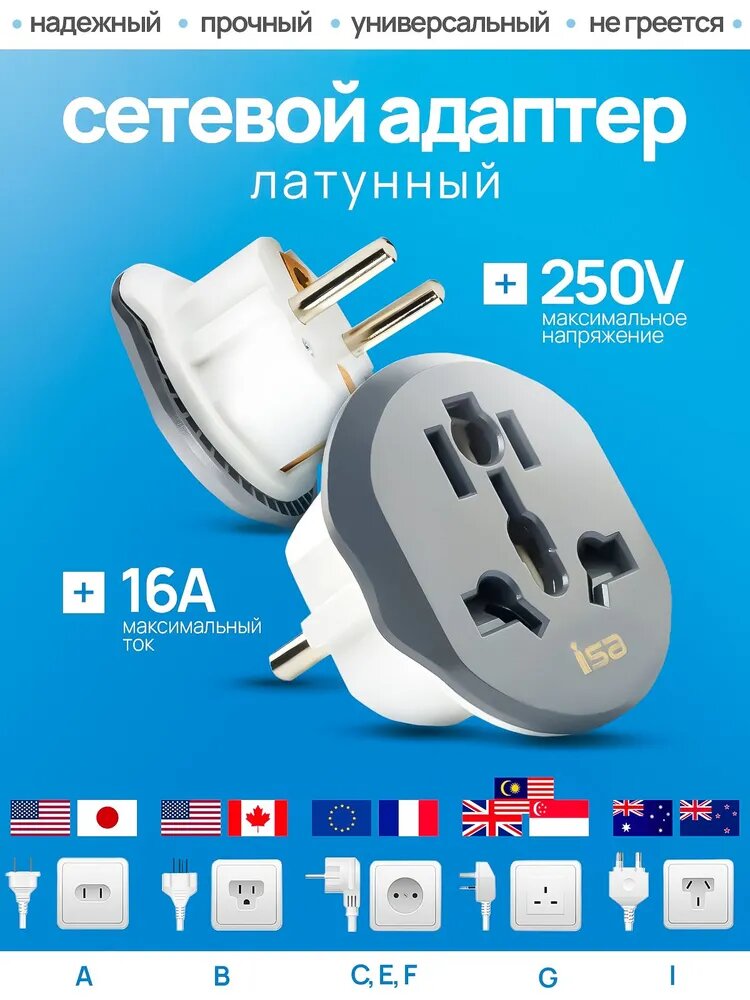 Сетевой адаптер переходник с китайской вилки на российскую , евровилку серый 1 шт.