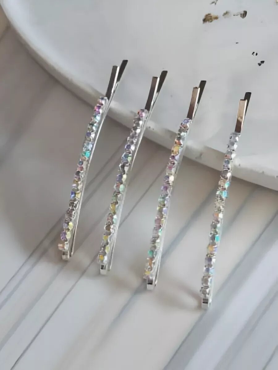 Невидимки для волос со стразами "Сваровски", серебристый, 4 шт.