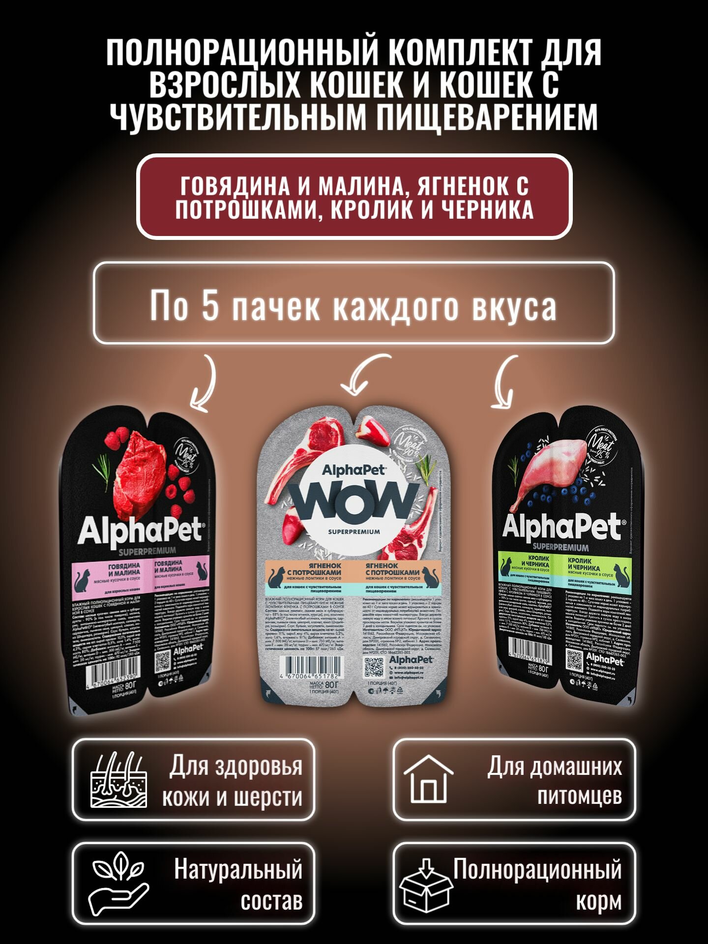 AlphaPet Superpremium / Комплект для взрослых кошек и котов и кошек с чувствительным пищеварением, 3 вкуса (Говядина, Кролик, Ягнёнок), 15 шт