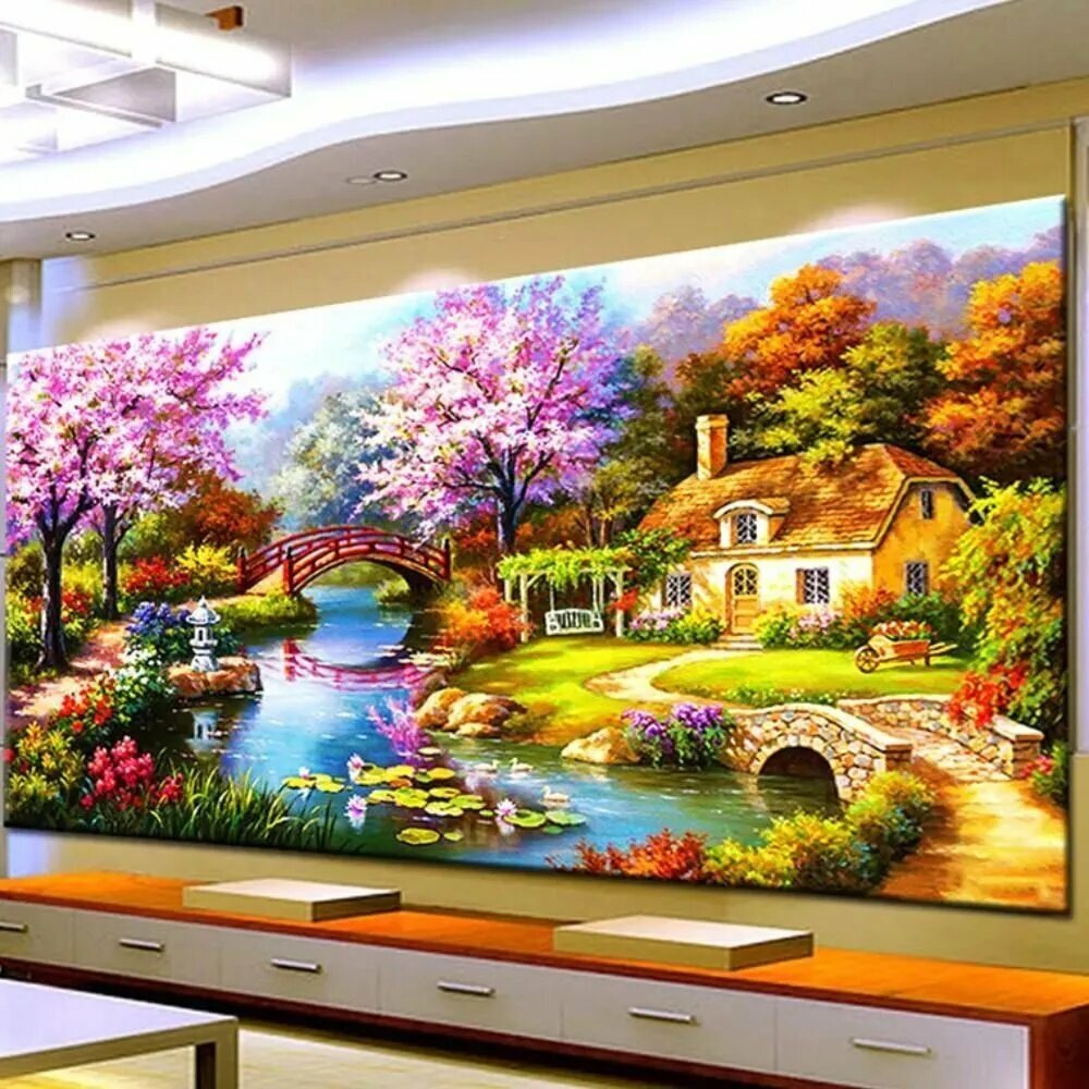 100x40cm/Алмазная мозаика "Деревянный дом Сакуры" / Алмазная вышивка / Круглая картина стразами Полная выкладка 100х40 см размер картины(без подрамника, без рамки)