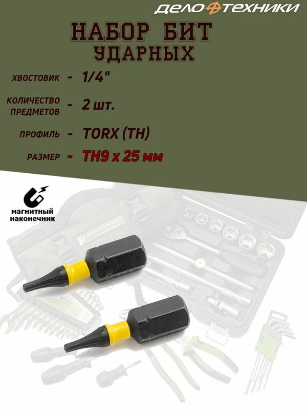 Набор бит Дело Техники "TORX", ударные, 1/4', Т9х25 мм, с отверстием, 2 шт.