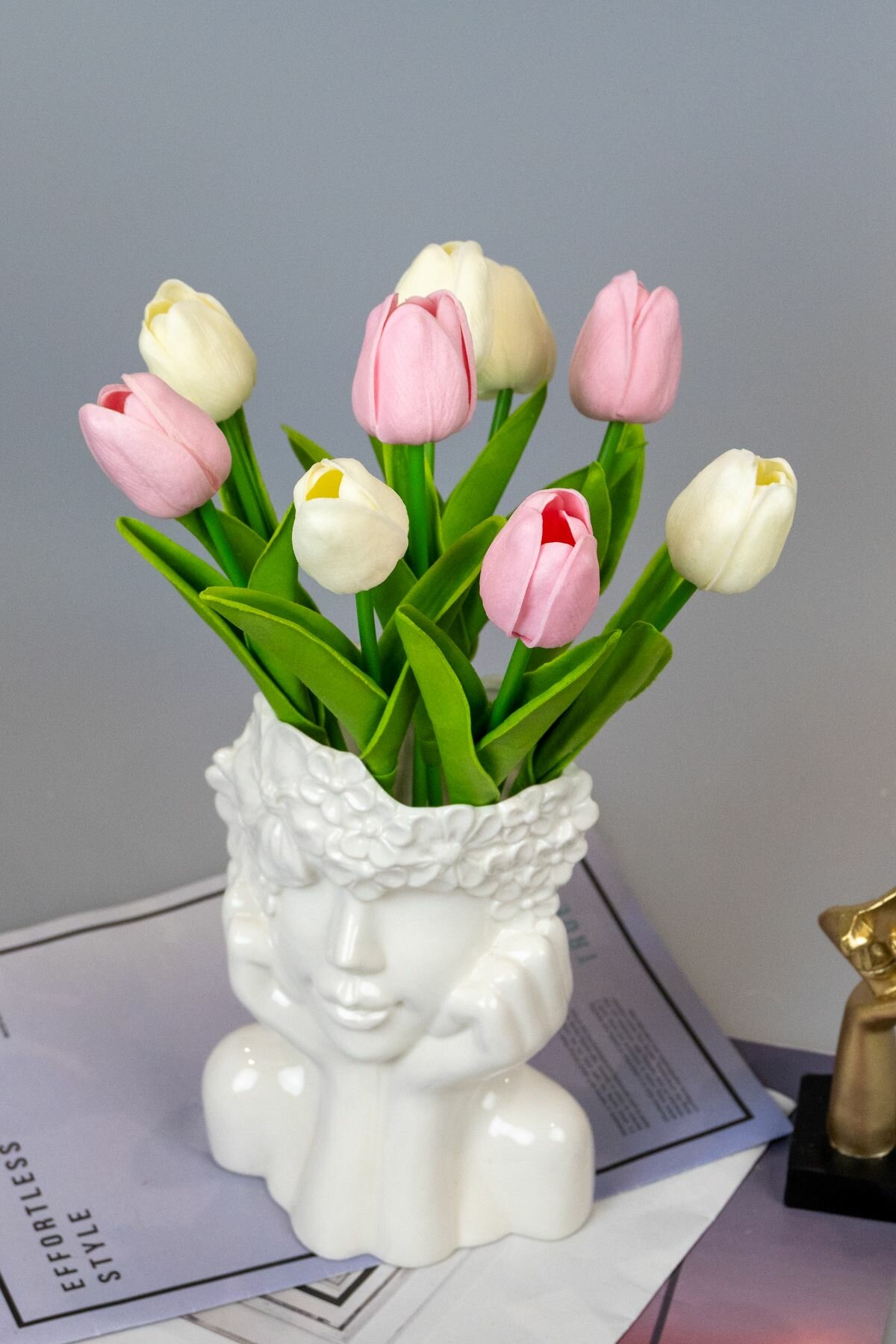 Искусственные цветы Тюльпаны из силикона микс розово-кремовые из латекса для декора 9шт 35 см