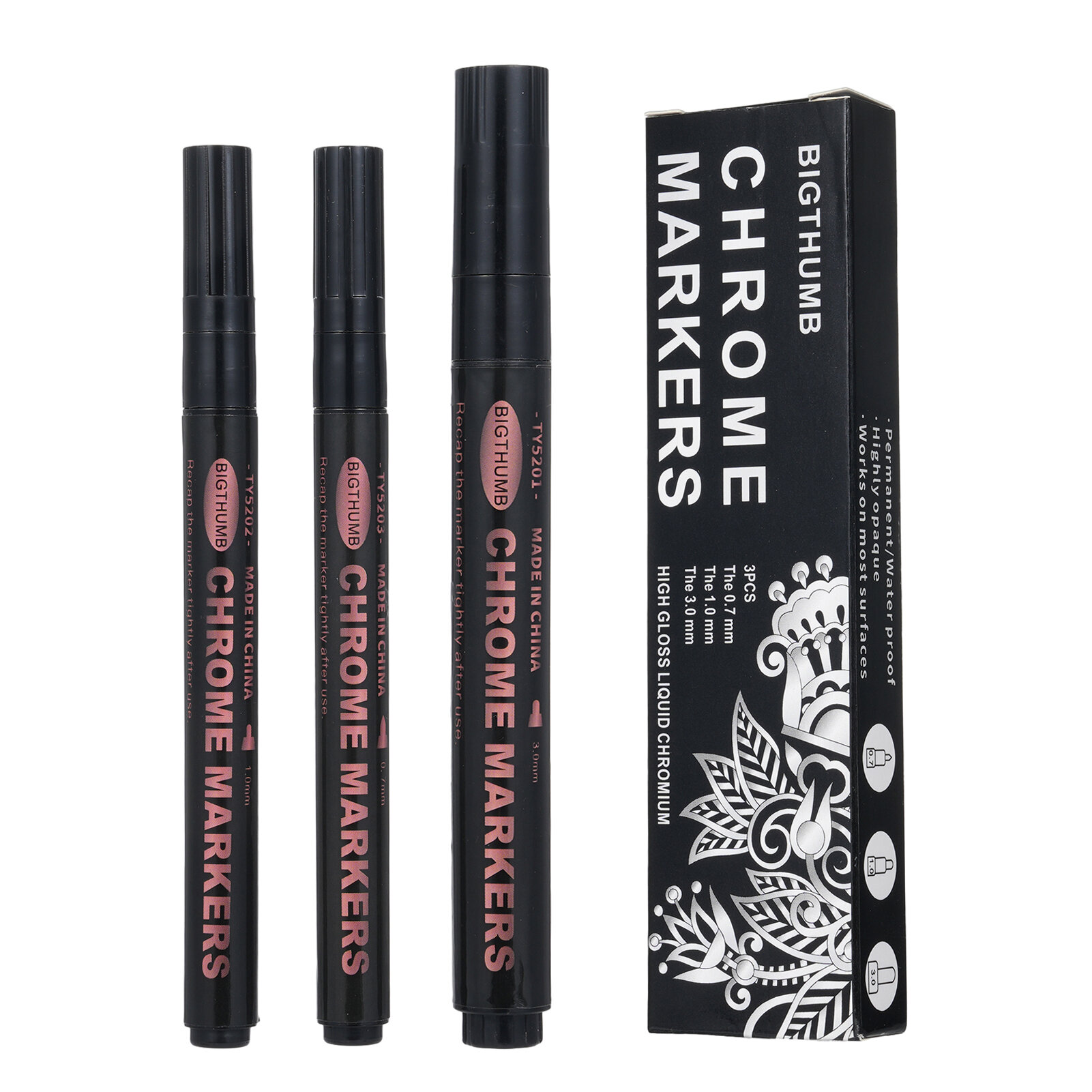 3Pack Mirror Paint Pens Chrome Marker Pen для зеркальной поверхности, Size: 0.7mm, 1mm, 3mm, Color: Gold, Silver, Copper, для моделирования, карт, плакатов, рисования на камнях, кружек, керамики, стекла, пластика, DIY арт-проектов