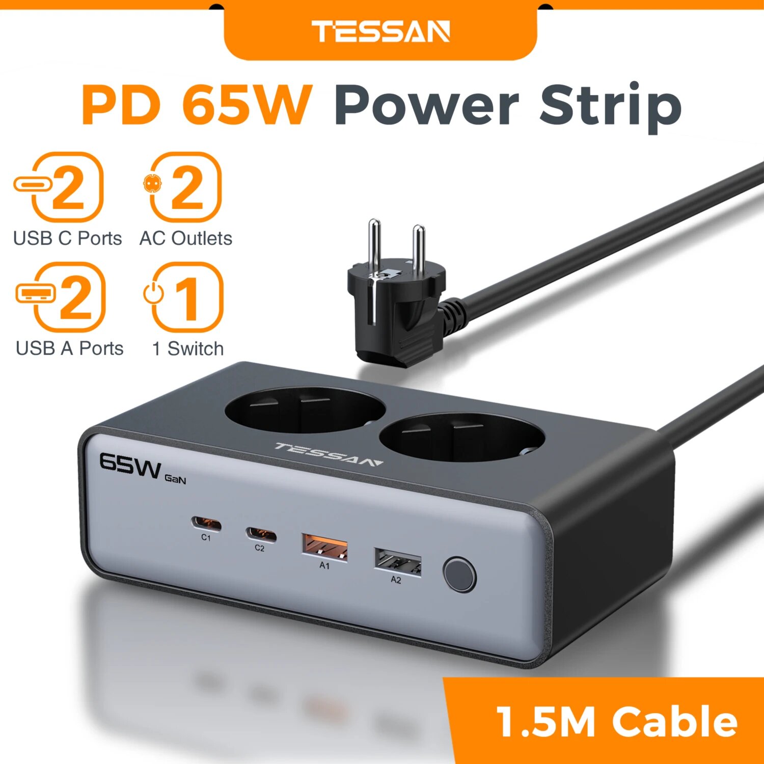 Удлинитель TESSAN HS550A-EU 65W с 2 розетками и 4 портами USB