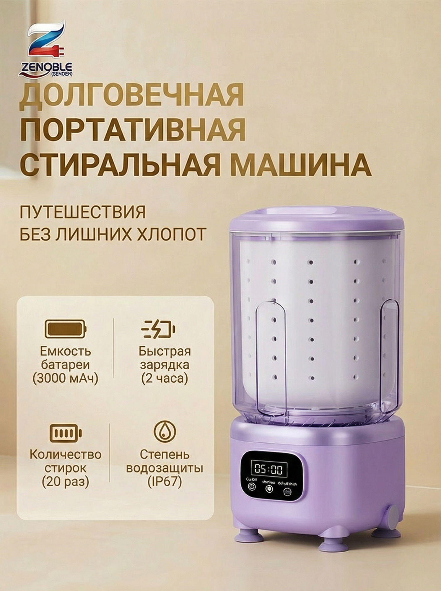 ZENOBLE Портативная мини стиральная машинка Объем 2 л УФ-дезинфекция Имитация ручной стирки Отжим