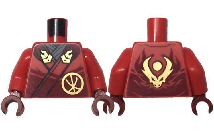 Torso Robe Dark Red Straps, Gold Buckles, Ninjago Logogram Letter K and Dragon Head and Orb on Back Pattern / Red Arms / Dark Red Hands, 973pb5229c01 Red U
