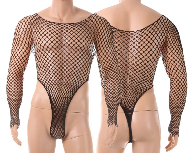 Мужское боди в сеточку, трико-стринги с длинными рукавами, цельная ночная рубашка, комбинезон с высоким вырезом, прозрачные вечерние топы на бретелях, боди