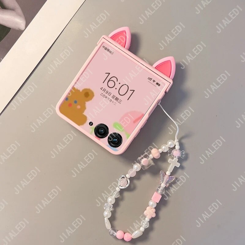 Чехол для телефона с милыми кошачьими ушками для Samsung Розовый, Pink-With Chain 1, For Z Flip 5