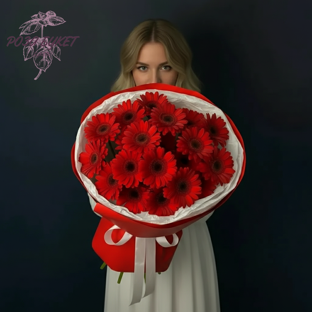 Букет цветов, красные герберы 19 шт, красивый букет цветов, шикарный, премиум букет, долгий букет, герберы