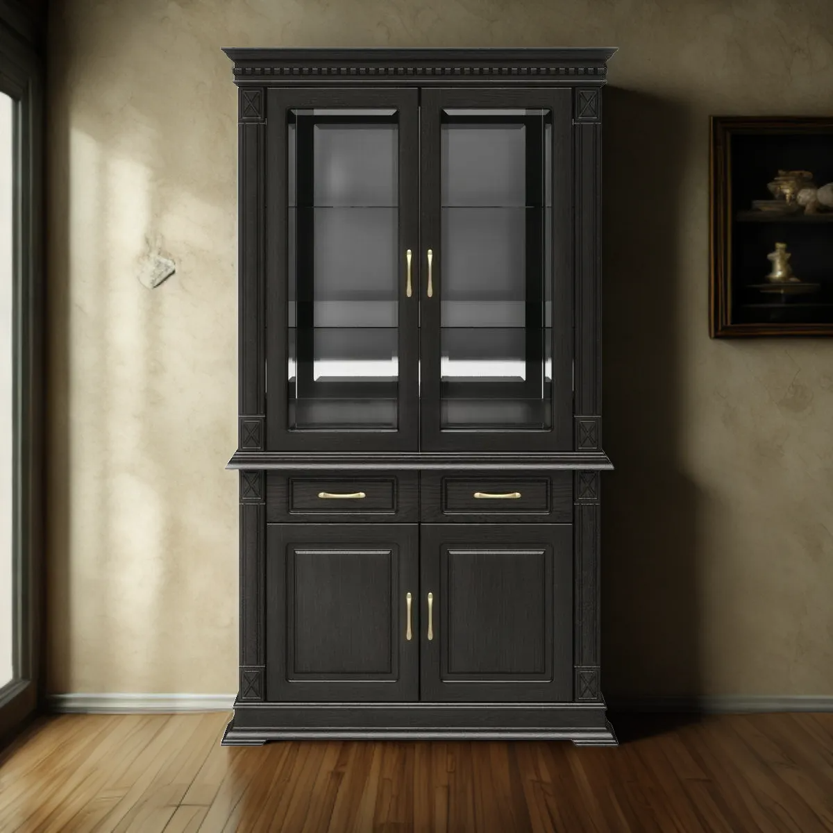 Шкаф-витрина , Верди Premium 073 венге 3, 115*50*200 , массив дерева, с зеркалом.