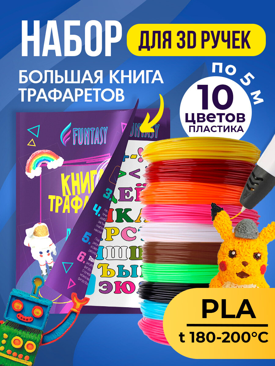Трафарет для 3D-ручки + Набор PLA пластика (10 цветов по 5 метров)