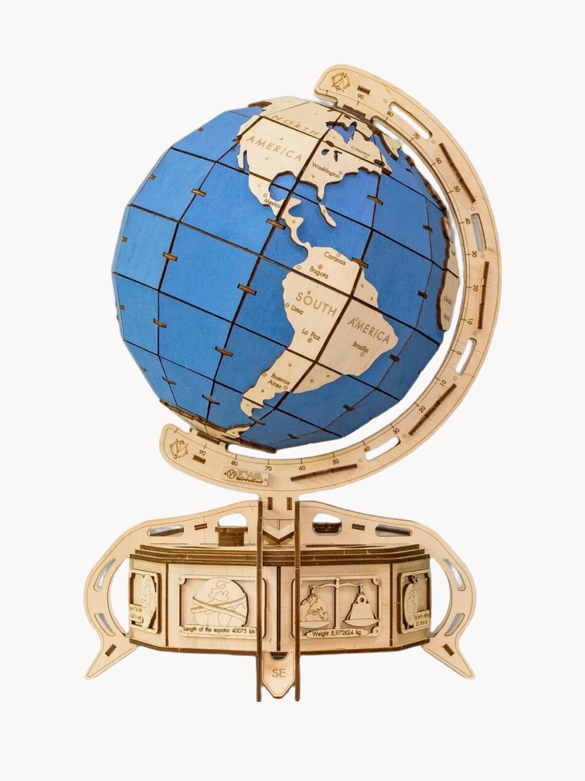 Деревянный конструктор 3D, сборная модель EWA Глобус со шкатулкой, голубой