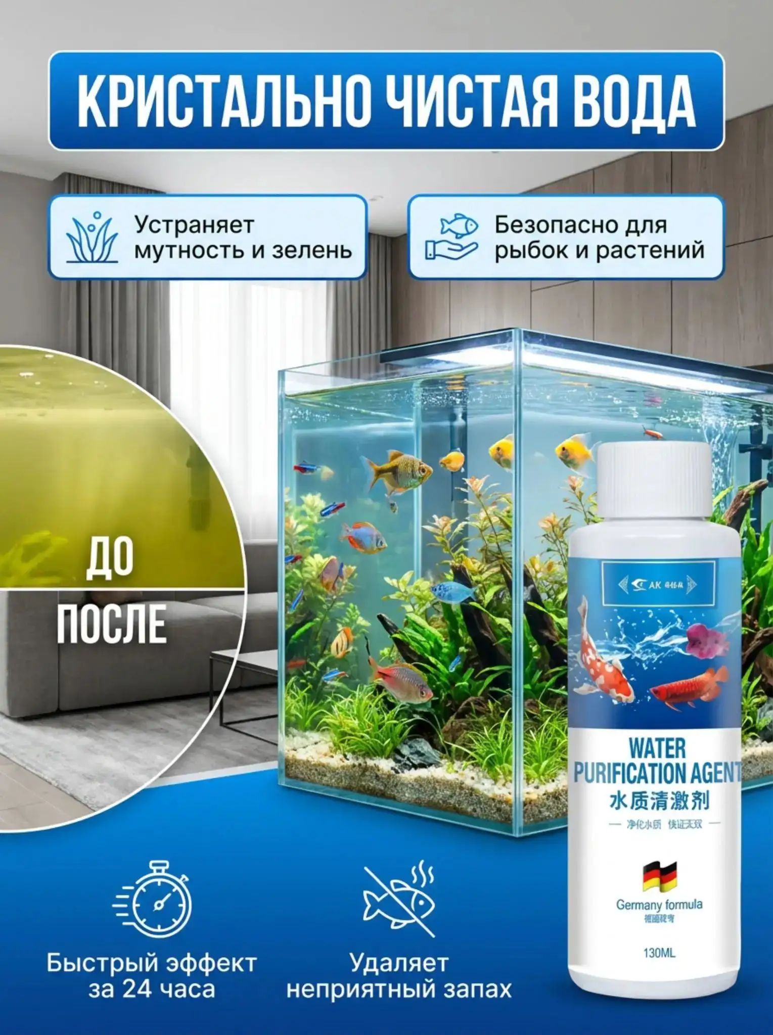 Очиститель воды для аквариума, био-средство от мутности и цветения - кондиционер для аквариумной воды, 130мл, против водорослей и запаха, для рыбок и черепах.