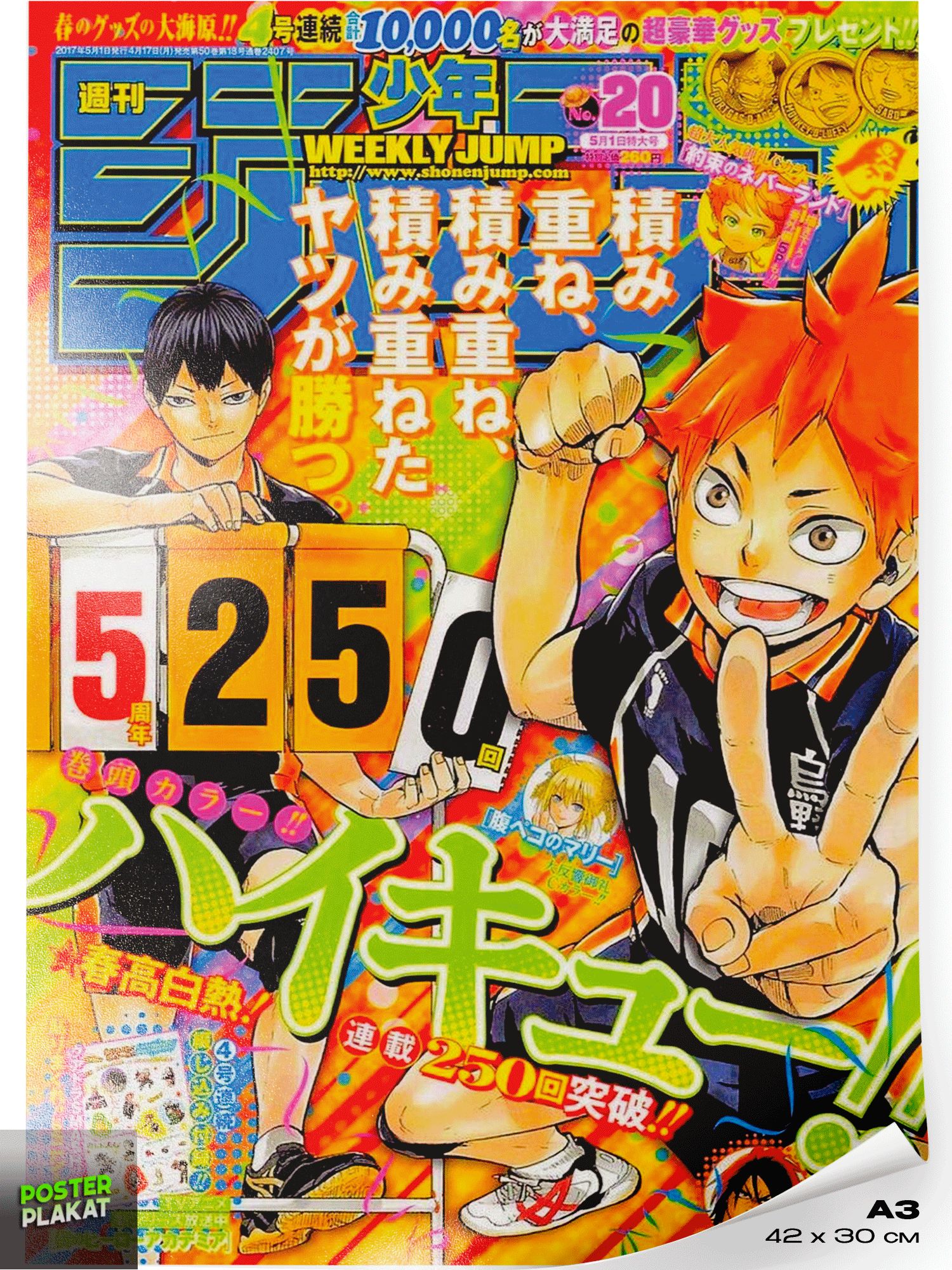 Постер аниме Волейбол! (Haikyu!), Сёё Хината и Тобио Кагэяма, обложка Weekly Shonen Jump №20, 2015, постер на стену для интерьера, плакат в комнату для дома и офиса, А3 (420х297 мм), ПП