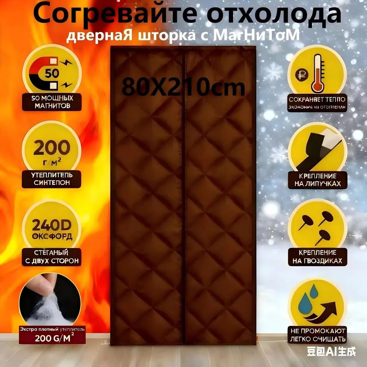Занавеска на дверь 80x210 см коричневый