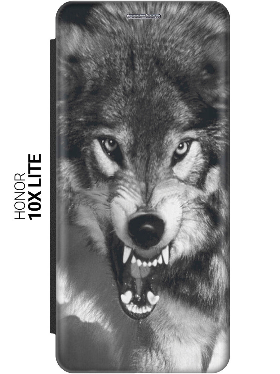 Чехол-книжка на Honor 10x Lite, Хонор 10Х Лайт с 3D принтом "Волчий оскал" черный
