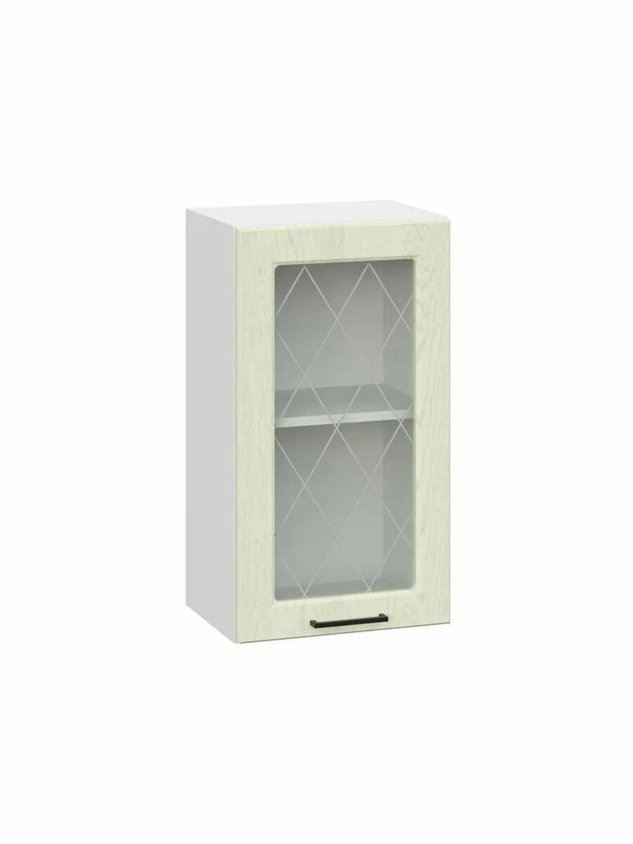 Кухонный модуль навесной, шкаф Шервуд с доводчиками, с полками, 40х29.6х72 см, Белый / Дуб кремовый матовый со стеклом