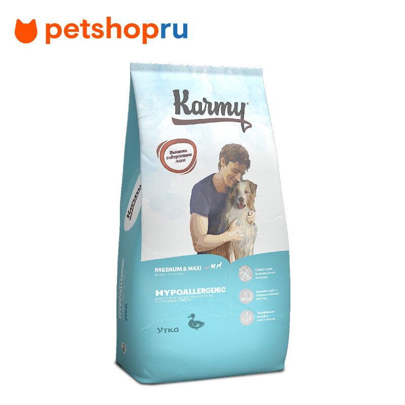 Karmy сухой корм для собак средних и крупных пород старше 1 года, склонных к пищевой аллергии, с уткой, 14кг