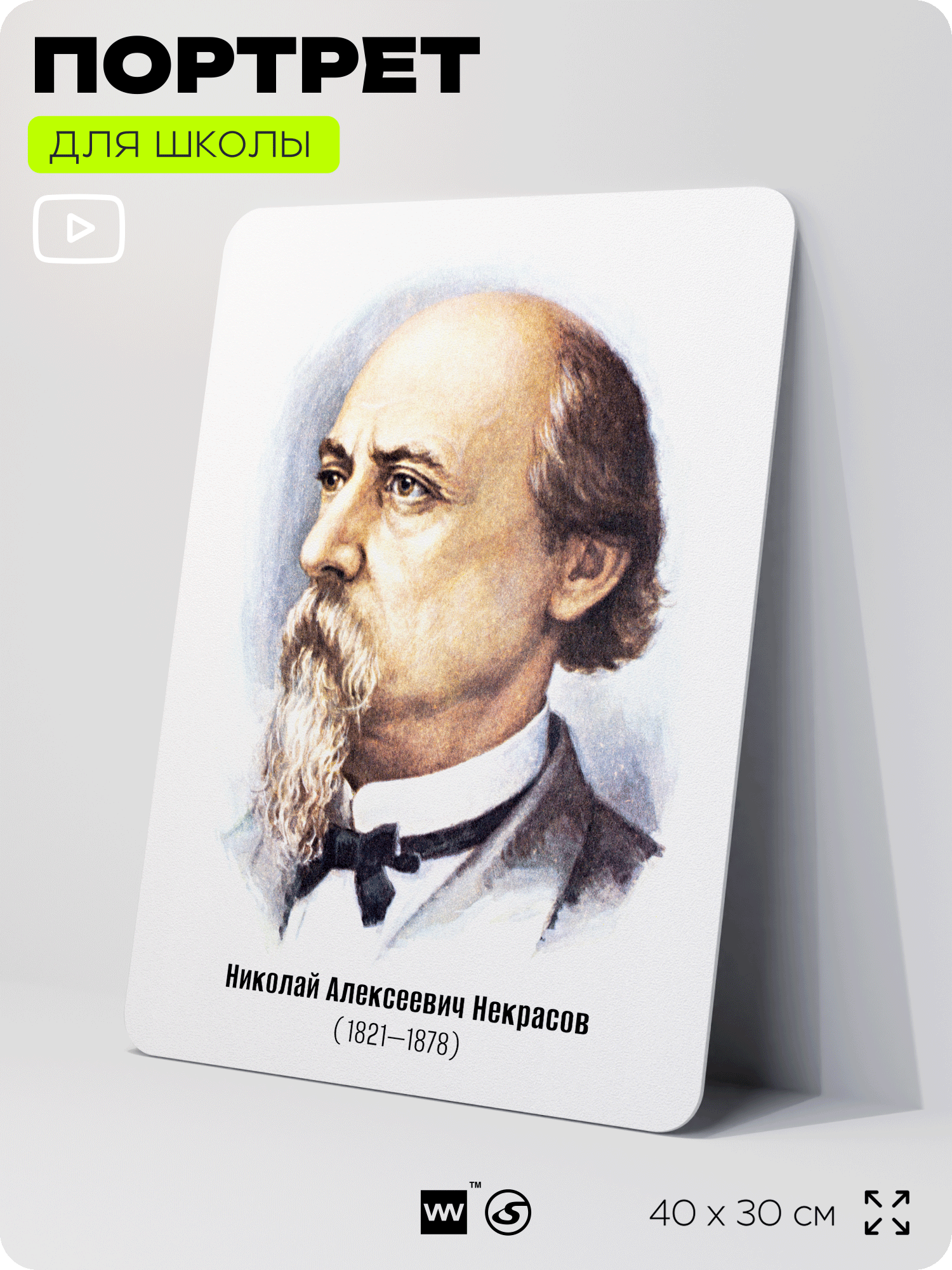 Портрет для школы в кабинет литературы и русского языка "Некрасов Николай Алексеевич", стенд школьный для класса, для оформления классного уголка, 40х30 см, Silver Plane x Айдентика Технолоджи