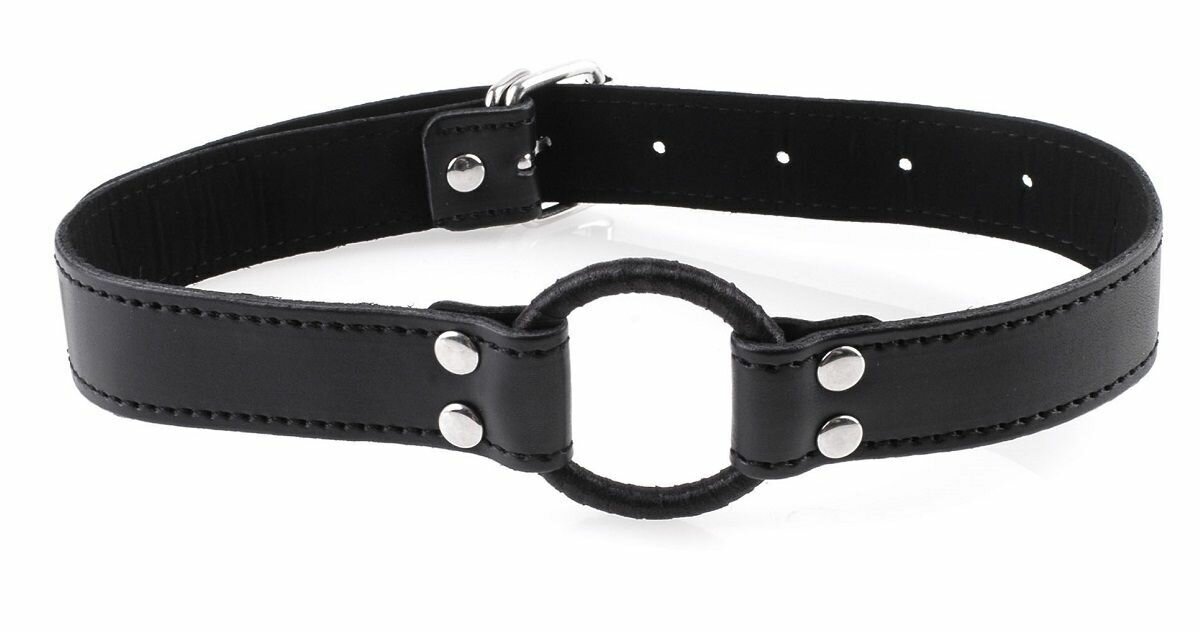 Кляп-кольцо с белой строчкой, натуральная кожа, цвет черный, Pecado BDSM 05901