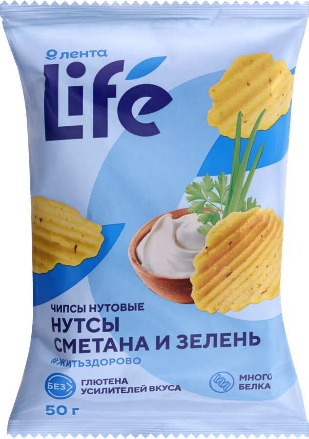 Чипсы нутовые лента LIFE Сметана и зелень, 50г