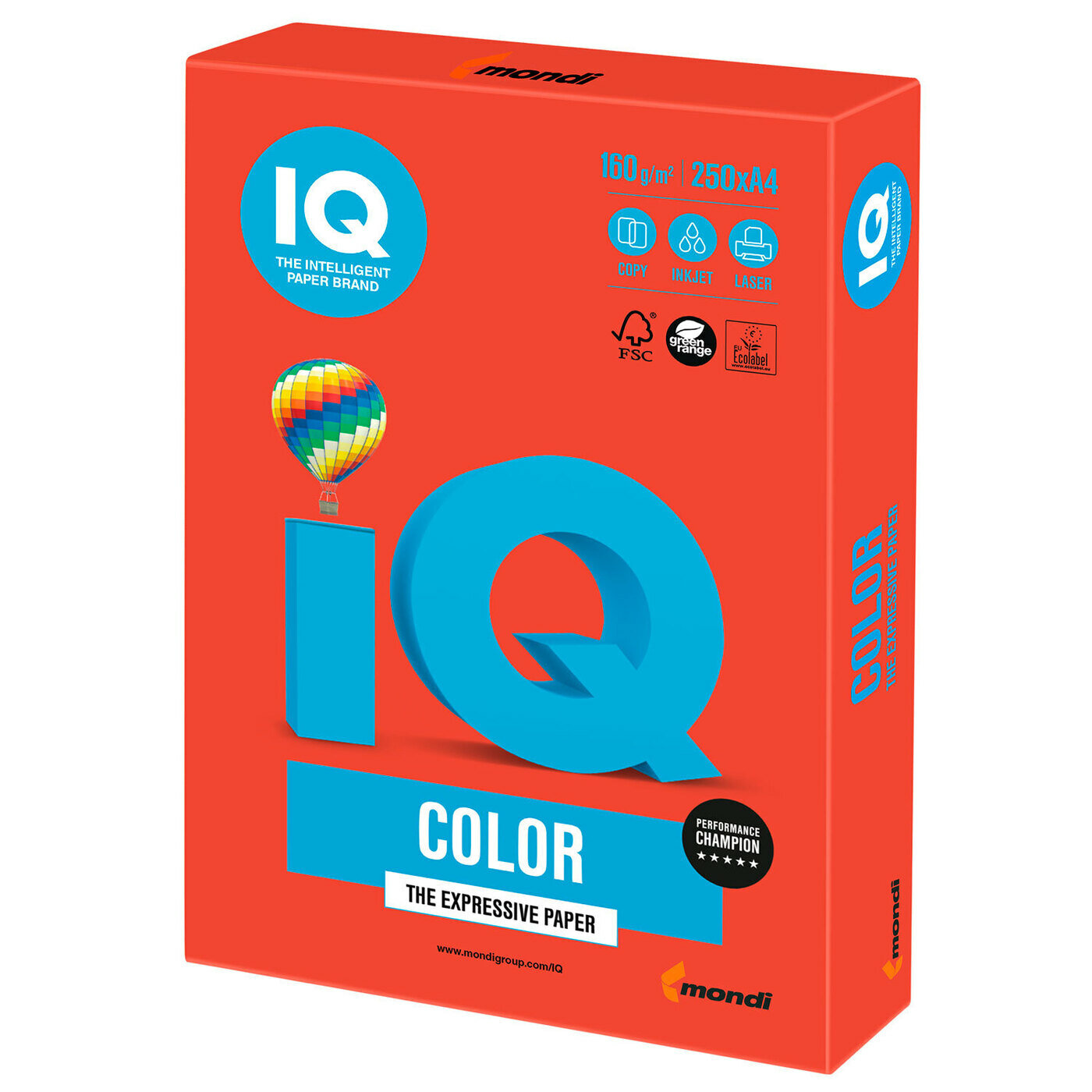 Бумага цветная IQ "Color Intensive" А4, 160 г/м2, 250 л, интенсив кораллово-красная CO44