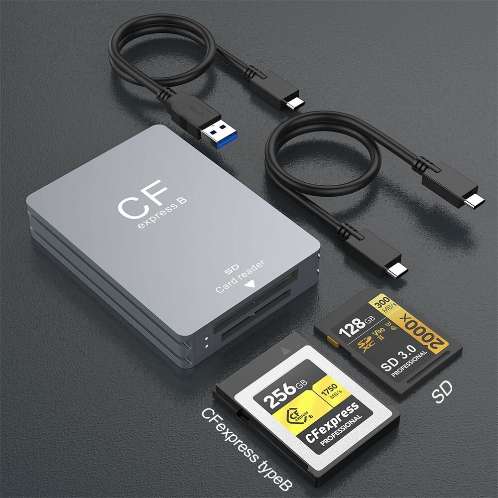 Универсальный картридер с двумя слотами Type B и SD, совместимый с Windows/Mac OS/Linux/Android, скорость до 10 ГБит/с по USB 3.1 Gen2