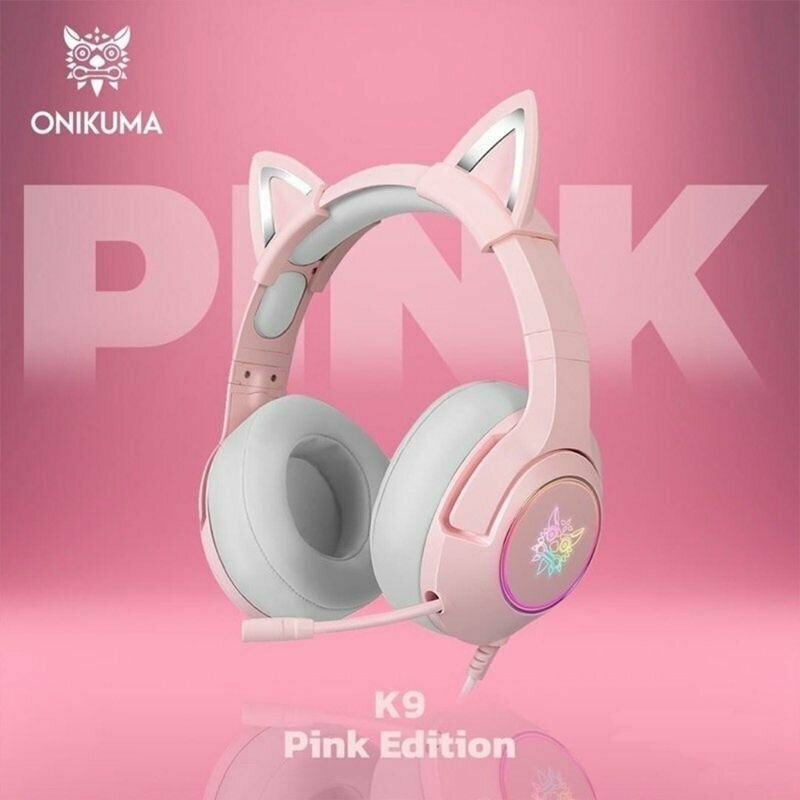 Наушники игровые розовые K9 с микрофоном проводные / съемные ушки / RGB-подсветка