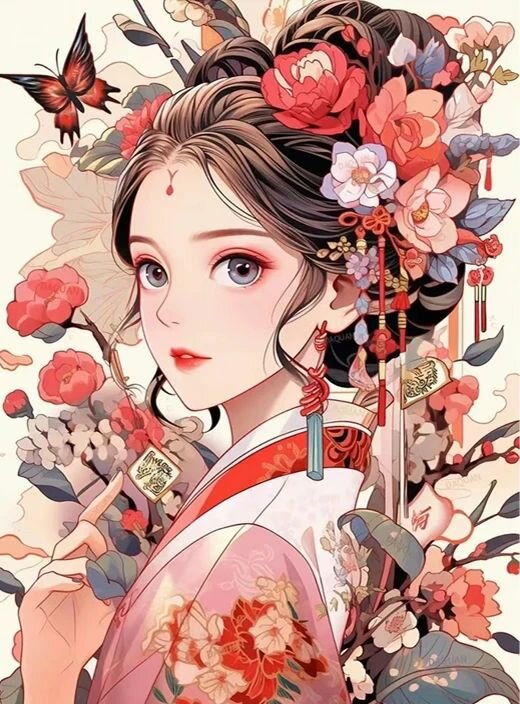 Алмазная картина "Девушка в китайском стиле" алмазная огранка 40х50 см,40X50CM, белый