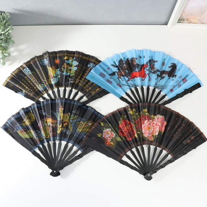 Веер пластик, текстиль h=30 см "Китайская мифология" микс