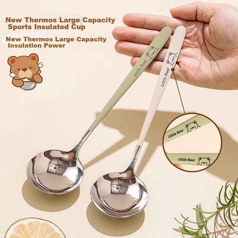 Chinese Style 304 Stainless Steel Soup Ladle with Long Handle for Home Use, Large Dessert Spoon, 304 Avocado Green Large Round Spoon, Set of 2