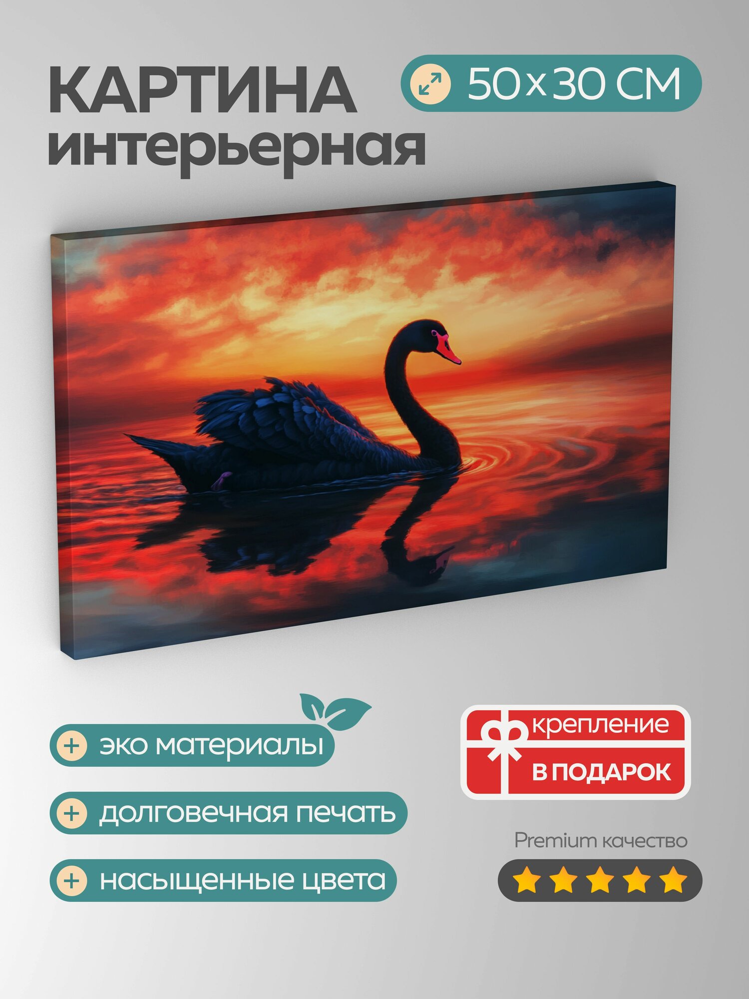 Картина на холсте интерьерная 50х30 см, Черный лебедь, озеро, закат, яркие краски, небо, вода, грация, скользящий