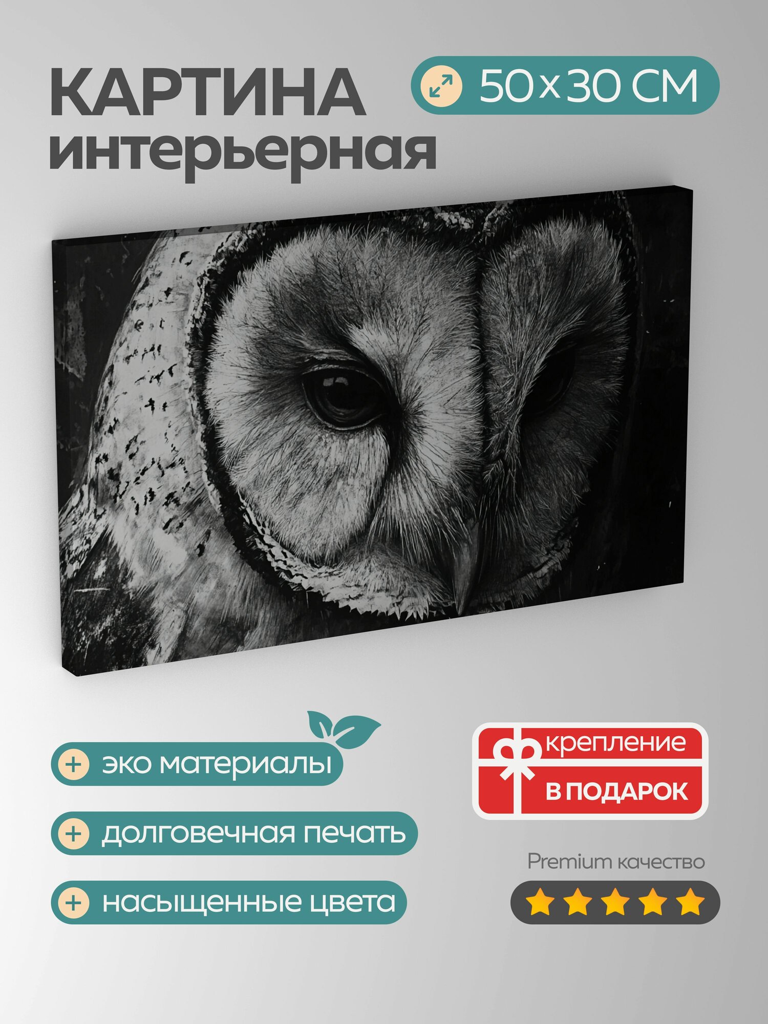 Картина на холсте интерьерная 50х30 см, уголь, сова, глаза, мудрость, тайна, ночное существо, монохромная композиция