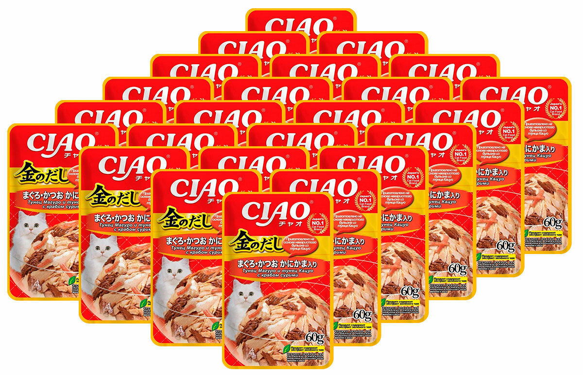 INABA CIAO KINNODASHI для взрослых кошек с тунцом Магуро, тунцом Кацуо и крабом сурими пауч (60 гр х 24 шт)