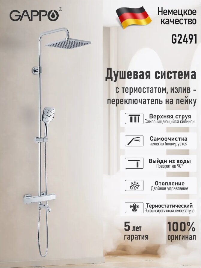 Душевая система с термостатом Gappo G2491 с тропическим душем латунь хром