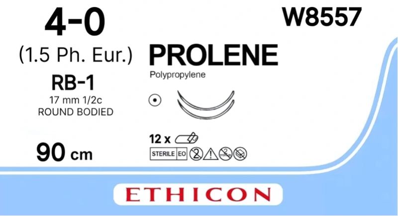 Ethicon Prolene Шовный материал нерассасывающ Пролен 4-0 (М1.5) синий с 2 колющ иглами RB-1, 90 см
