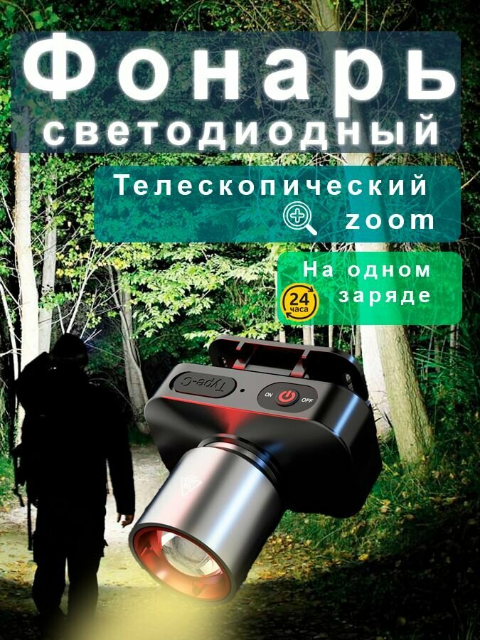 Светодиодный Фонарик налобный Телескопичекий Zoom в Аллюминиевом корпусе Мощность 10 Вт.