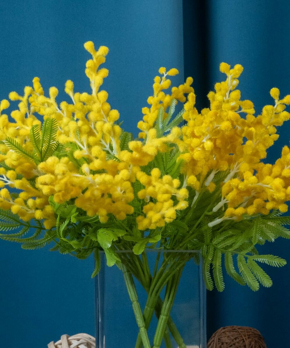 Искусственные цветы весенний букет Мимоза желтая на пасху 35 см 5 букетов по 7 веток